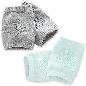 Kalevel Baby Knee Pads for Crawling Boys Girl Baby Knee Protector Pad Anti Slip Crawling Knee Sleeve Cotton Knee Elbow Pads for Babies 0-3 Years (2 Pairs, Green + Light Grey)