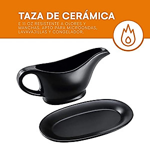 Bruntmor 11 Oz Black Ceramic Gravy Boat With Tray, 11 Ounce Small Ceramic Serving Dish, Dispenser with Tray For Sauces, Dressing and creamer, Gravy Boat With Saucer For Thanksgiving And Christmas