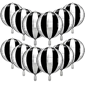 12 Pieces 22 Inch Black and Silver Balloons 4D Stripe Aluminum Foil Mylar Balloon Black and Silver Party Decorations Black and Silver Striped Balloons for Black and White Baby Shower Party Decorations