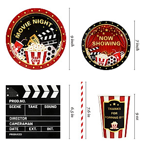 Recheel Movie Night Party Supplies Decorations, Movie Theme Birthday Paper Plates and Napkins Set with Cups and Straws for 24 Guests, 120 Pcs Disposable Party Snack Dinnerwares