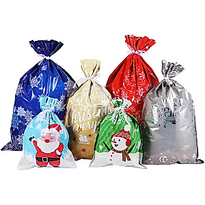 Christmas Bags Large Size Christmas Wrapping Assorted Styles Christmas Goody Bags with Ribbon Ties for Christmas Party Xmas Holiday 30PCS