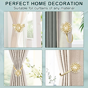 AULEEP Magnetic Curtain Tiebacks, 4 Pack Magnetic Crystal Decorative Drapes Curtain Clips Buckle, Flower Curtain Tie Back, European and American Style (Gold)