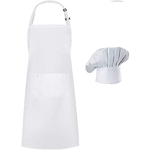 Hyzrz Chef Apron Hat Set, Chef Hat and Kitchen Apron Adult Adjustable Apron with Butcher Hat Baker Costume Kitchen Pocket Apron for Men and Women Father's Gift (White)