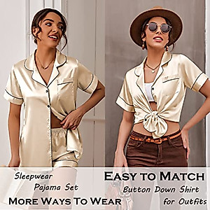 Ekouaer Womens Satin Silk Short Sleeve Button Down Top and Shorts Sleepwear Pajamas Set, Champagne, Medium