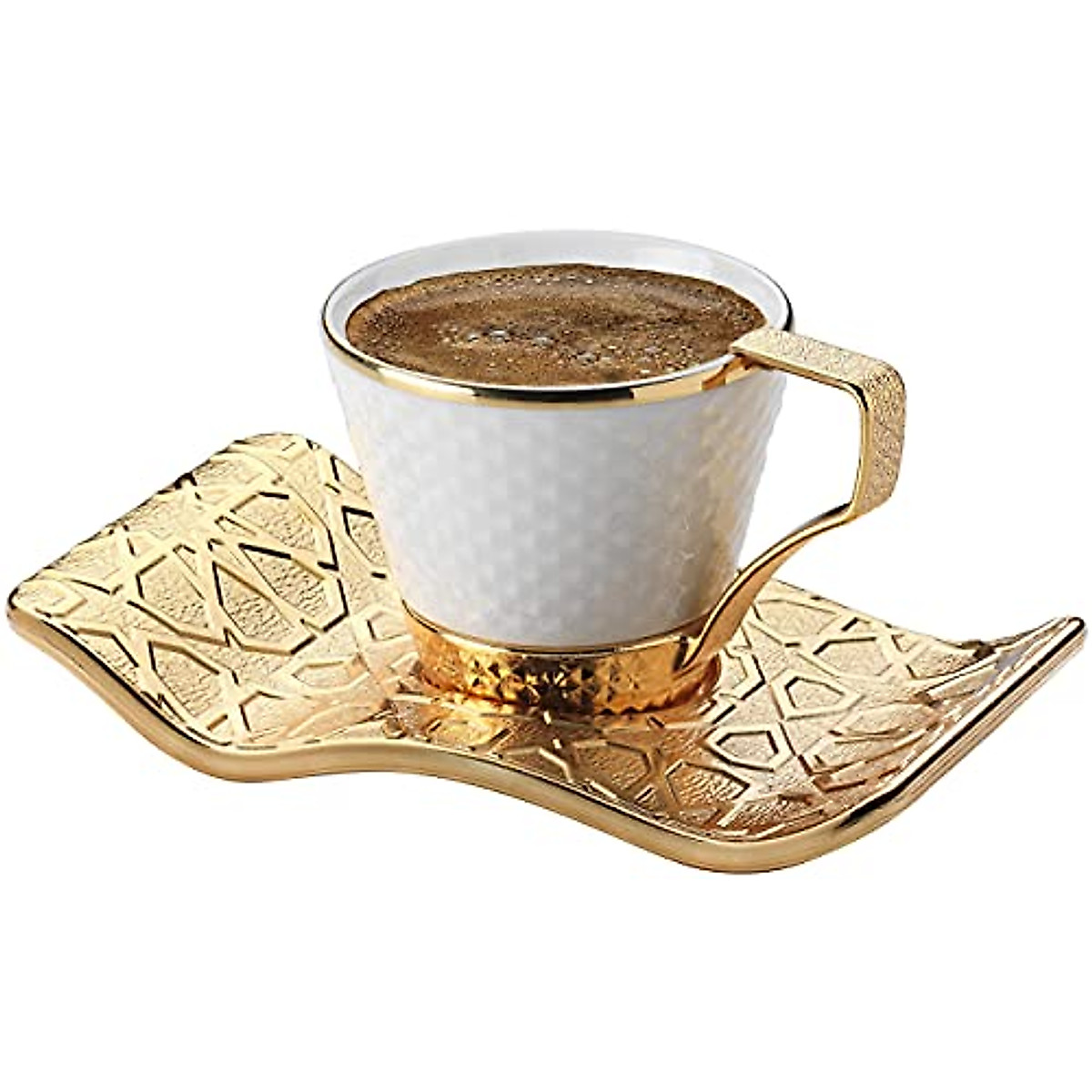 DEMMEX Stunning Espresso Turkish Coffee Cups with Metal Holders and Saucers Set for 6, 2.6 Ounces (White - Gold)