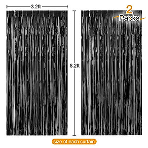 CHRORINE 2pcs 3ft x 8.3ft Black Tinsel Fringe Curtains Streamers Photo Backdrop for Birthday Graduation Halloween Anniversary Party Decorations