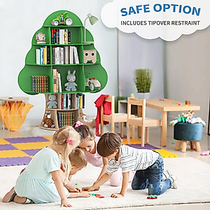 Tree Kids Bookshelf, Toddler Wood Bookcase, 16-Cubby Children Toy Storage Organizer Book Shelf for Kids Rooms, Nursery, Bedroom, Living Room, Classroom, Boy Girl’s Gift (Green Tree)