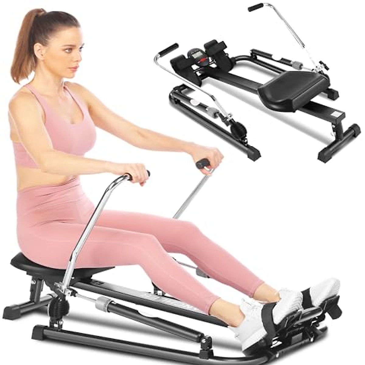 ANCHEER Rowing Machine, Hydraulic Rowing Machines for Home Use Foldable with 12 Resistance Levels & Upgraded LCD Monitor, 290LBS Loading Capacity for Full Body Cardio Exercise