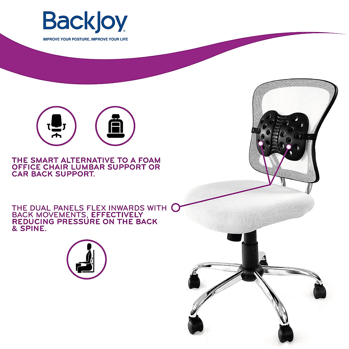 BackJoy Lumbar Support with Adjustable Strap, Designed for Spine and Lower Back Pain, Posture Correction, Adjustable, Breathable, Ideal for Office Chair, Car Seat, Desk Chair