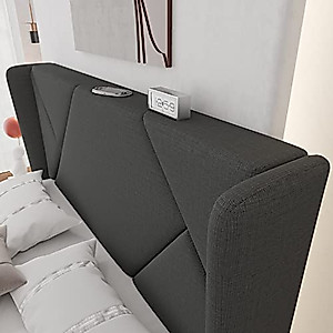 iPormis Queen Size Modern Wingback Bed Frame, Geometric Upholstered Platform Bed with 24" Headboard, 8" Storage Space, Wood Slats Support, No Box Spring Needed, Dark Grey