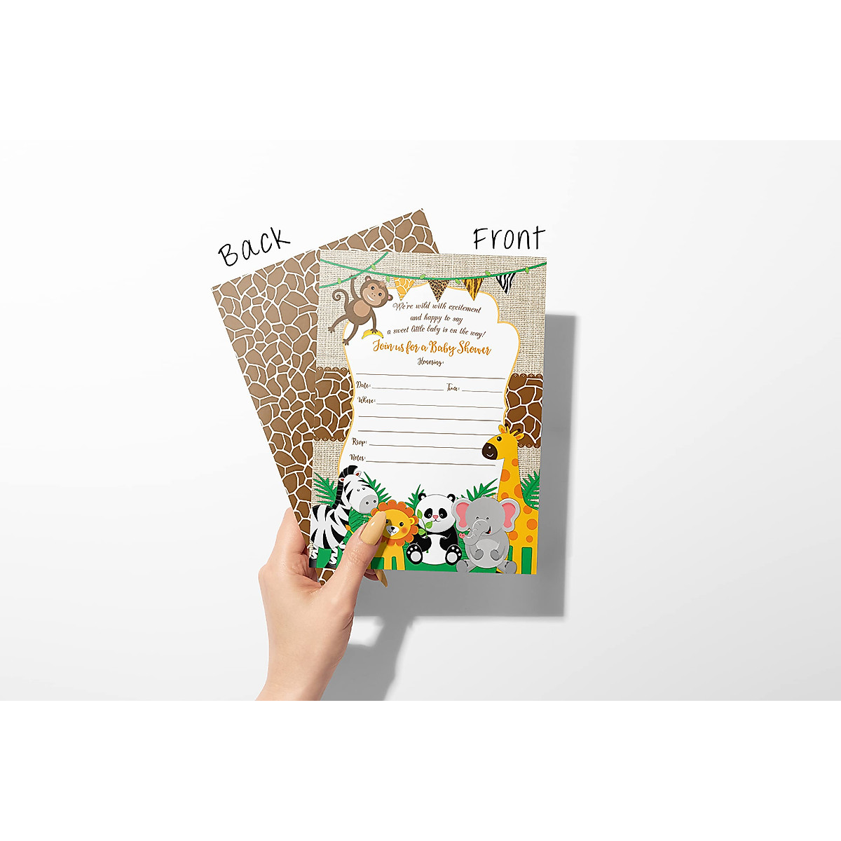 Jungle Safari Baby Shower Invitations - Safari Animal Invitation - 20 Fill-In Invitations and White Envelopes - Boy or Neutral Baby Shower Party - Monkey, Lion, Elephant, Giraffe