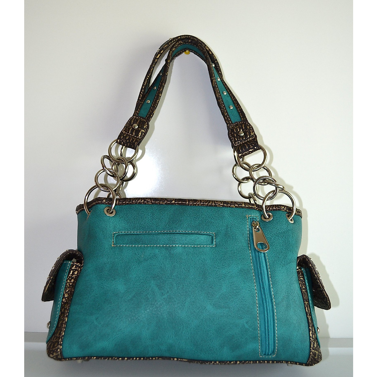 western rhinestone skull concho stitched handbag purse set (blue)