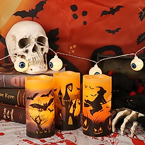 DRomance Halloween LED Flameless Pillar Candles Battery Operated with 6 Hour Timer Set of 3 Orange Wax Warm Light Flickering Witch Bats Castle Spooky Decals Halloween Decor Gifts(3 x 6 Inch)