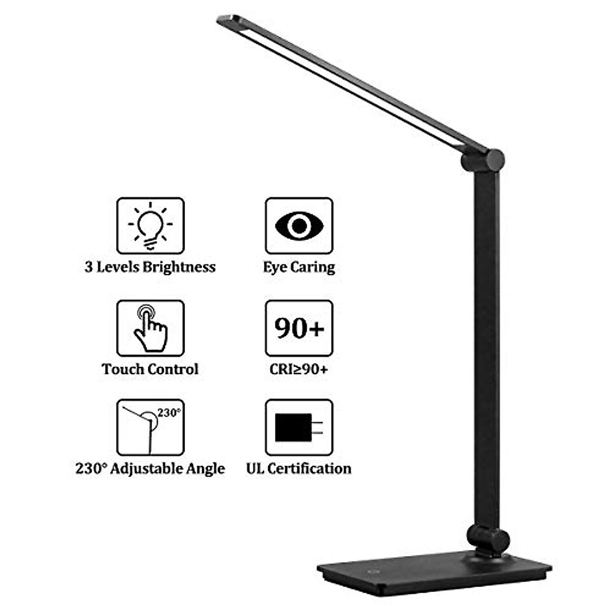 Dott Arts LED Desk Lamp, Touch Control Desk Lamp with 3 Levels Brightness, Dimmable Office Lamp with Adjustable Arm, Foldable Table Desk Lamp for Table Bedroom Bedside Office Study, 5000K, 8W, Black