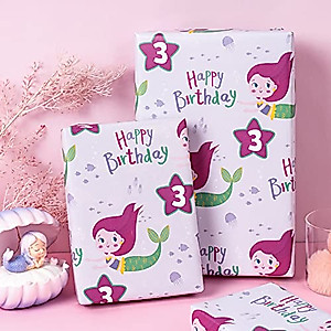 WRAPAHOLIC 3rd Birthday Wrapping Paper - Mini Roll - 17 Inch X 16.5 Feet - Adorable Mermaid and Happy Birthday Lettering Design for Party, Baby Shower