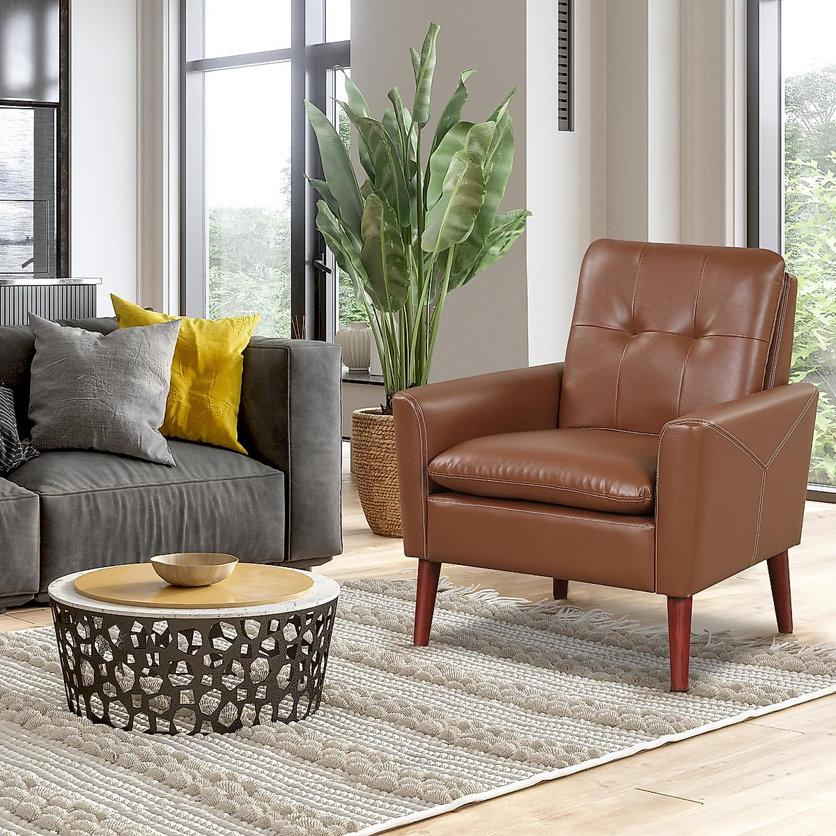Giantex Modern Leather Accent Chair Set of 2 - Mid-Century Arm Chairs for Living Room, Single Sofa Chair with Backrest and Wide Armrests, Upholstered Living Room Chair, Max Load 400lbs, Brown