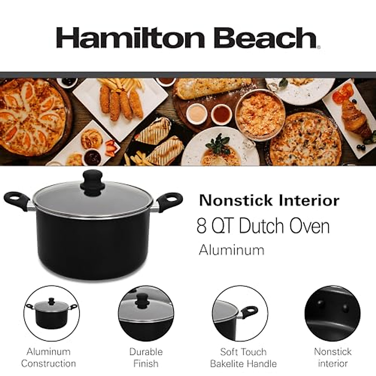 Hamilton Beach Nonstick Covered Stockpot 8-Qt - Black Aluminum Stockpot with Soft Touch Bakelite Handle & Glass Lid - Flared Edge - Spiral Bottom, Multipurpose Use - Durable & Dishwasher Safe
