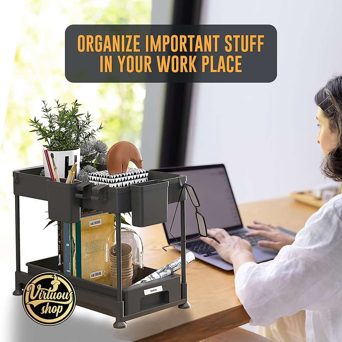 Under Sink Bathroom and Kitchen Cabinet Organizer, Countertop organizer, 2-Tier Sliding Large Capacity Storage Drawer With Hooks, Bathroom And Kitchen Organization And Storage, Multipurpose organizer