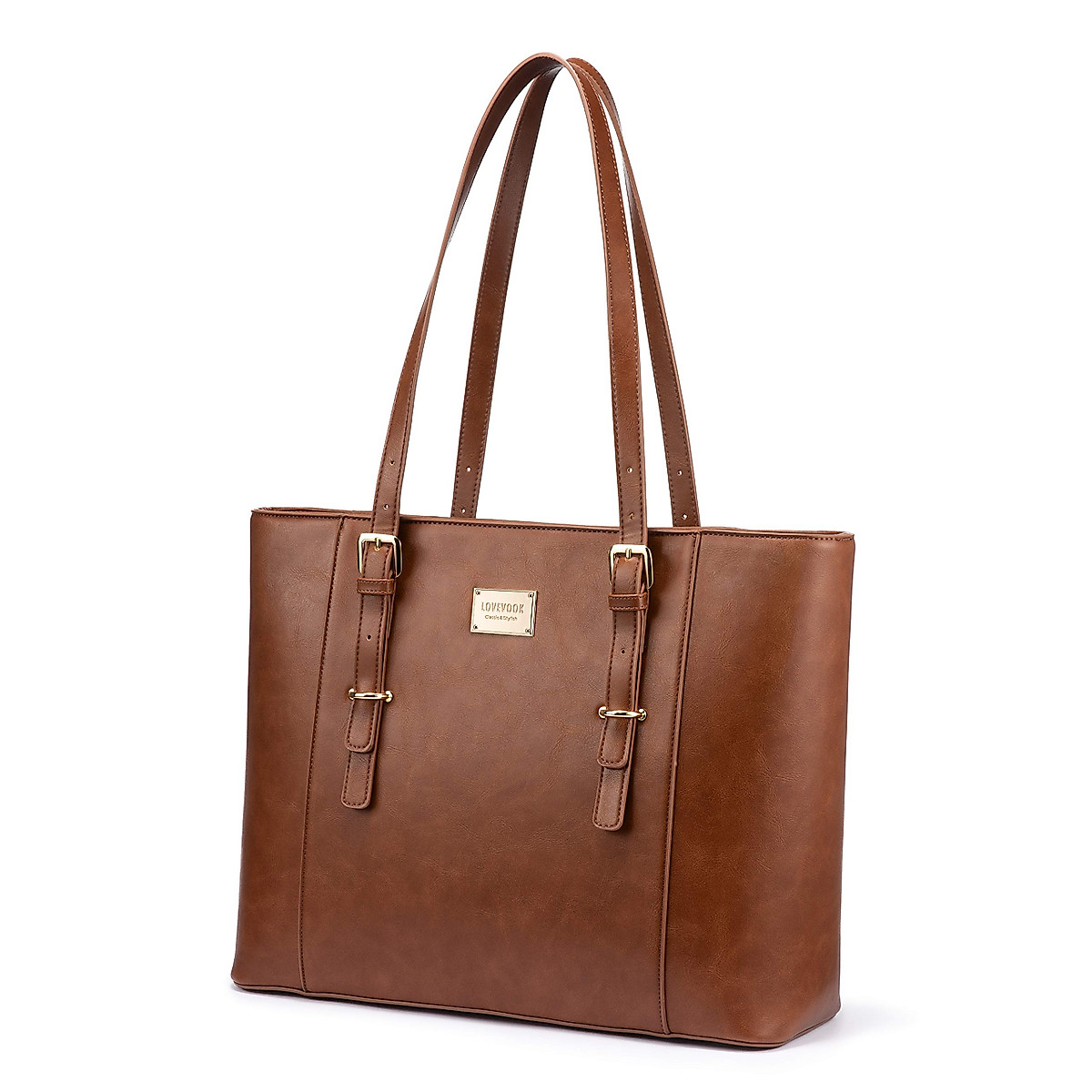 LOVEVOOK Laptop Bag for Women, Structured Leather Computer Bag, Professional Work Tote Purse, Teacher/Attorney’s Choice, Retro-Brown