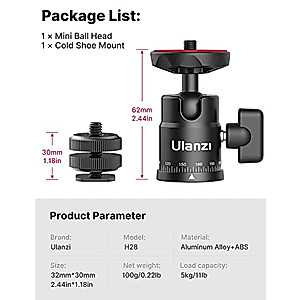 Mini Ball Head, ULANZI H28 Panoramic Tripod Head + Dual Hot Shoe Mount DSLR Camera Mount Adapter Photograph Attachment Accessories for Gopro Cam Camcorder Smartphone Light Microphone Loading 5.5lb