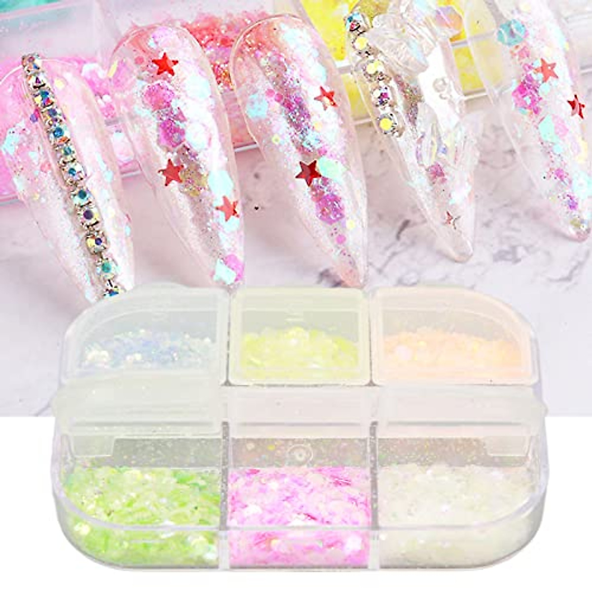 Nail Powder, Nail Glitter Mixed Glitter 6 Colors Aurora Chrome Nail Powder DIY Craft Elegant Nail Dust Sand Powder Nail Art Decoration Luminous Decorative Nail Art Sequins for