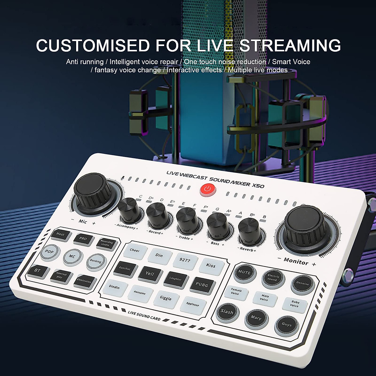 Professional Audio Mixer, Podcast Equipment Bundle, USB External Sound Card with 12 Warm Up Sound Effects, Live Sound Card and Audio Interface for Live Streaming Podcast Recording