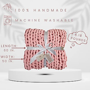 Kaffrey 50 x 60 Inches, 4.2 lb, Chunky Knit Blanket, Luxury Hand-Knitted Chenille Throw Blanket, Soft and Cozy Giant Knitted Blanket, Machine-Washable and Non-Shedding, Pink Carnation