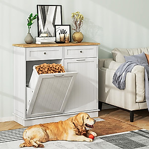 LOKO Kitchen Tilt Out Trash Cabinet, Modern Trash Cabinet with 2 Drawers & Adjustable Shelf, Pet Proof Trash Can Cabinet with Rubber Wood Tabletop, Ideal for Living Room, Dining Room (White)
