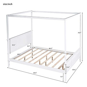 AMFSQJ Queen Size Canopy Bed Frame with Headboard and Footboard, White Canopy Platform Bed with Slat Support Leg