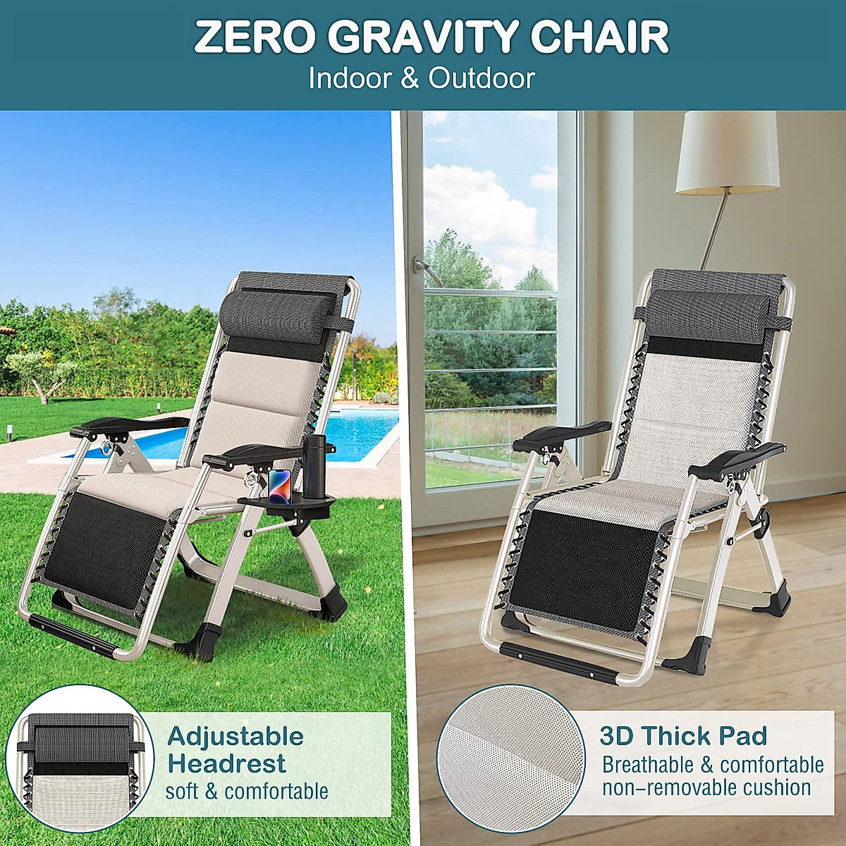 NAIZEA Lounge Chair Patio Zero Gravity Chair Folding Adjustable Reclining Patio Chairs with Cup Holder, Ergonomic Patio Recliner Chairs for Kids and Adult for Indoor and Outdoor