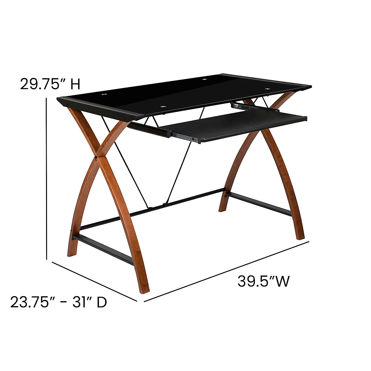 EMMA + OLIVER Black Glass Computer Desk with Pull-Out Keyboard Tray and Crisscross Frame