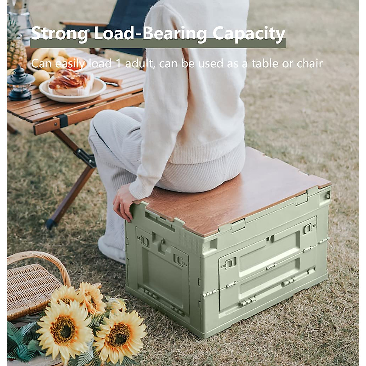 VPTMRP 50L Large Capacity Camping Storage Box with Wooden Lid Foldable 3-Door Utility Box for Home Outdoor, Portable Camping Items Storage Bin