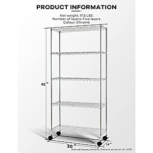 MGHH 5 Tier Garage Shelving, Metal Shelves Wire Shelving Unit Adjustable Heavy Duty Sturdy Steel Shelving Rolling Cart with Casters for Pantry Garage Kitchen (Chrome, 14" D x 30" W x 60" H)