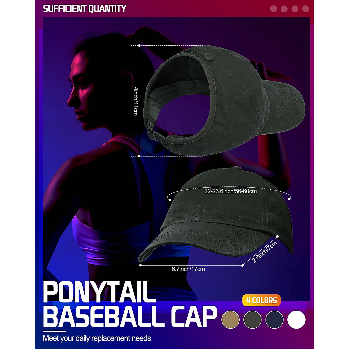 Jiuguva 4 Pack Backless Ponytail Caps Baseball Caps High Messy Bun Baseball Hats for Women Adjustable(White, Army Green, Khaki, Navy Blue)