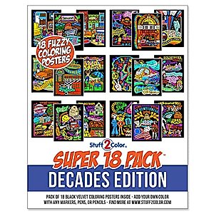 Stuff2Color Super Pack of 18 Fuzzy Velvet Coloring Posters (Decades Edition: 50's, 60's, 70's) - Great for Family Time, Arts & Crafts, Travel, At Home, Care Facilities [All Ages Coloring: Girls, Boys, Adults, Toddlers, Teens]