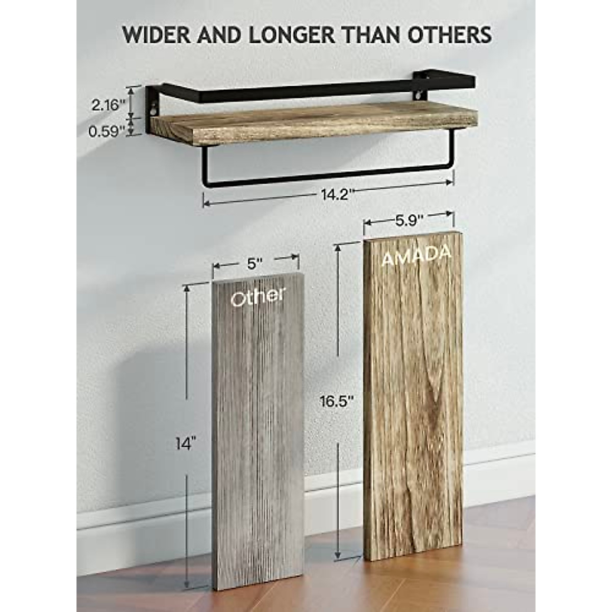 AMADA HOMEFURNISHING Floating Shelves, Bathroom Shelf with Towel Bar, Wall Shelves for Bathroom/Living Room/Kitchen/Bedroom, Light Brown Shelves Set of 2 - AMFS01