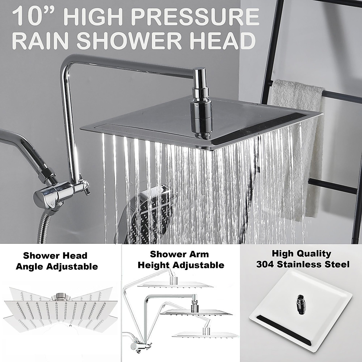 Rain Shower Heads with Handheld Spray Combo, 10 Inch High Pressure Rainfall Showerhead with 11" Extension Arm, 3-Setting Handhled Shower Head with Adjustable Suction Cup Shower Holder, Chrome