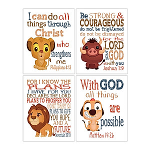 Lion King Christian Nursery Decor Set of 4 Unframed Prints Mufasa, Pumba, Simba and Timon with Bible Verses