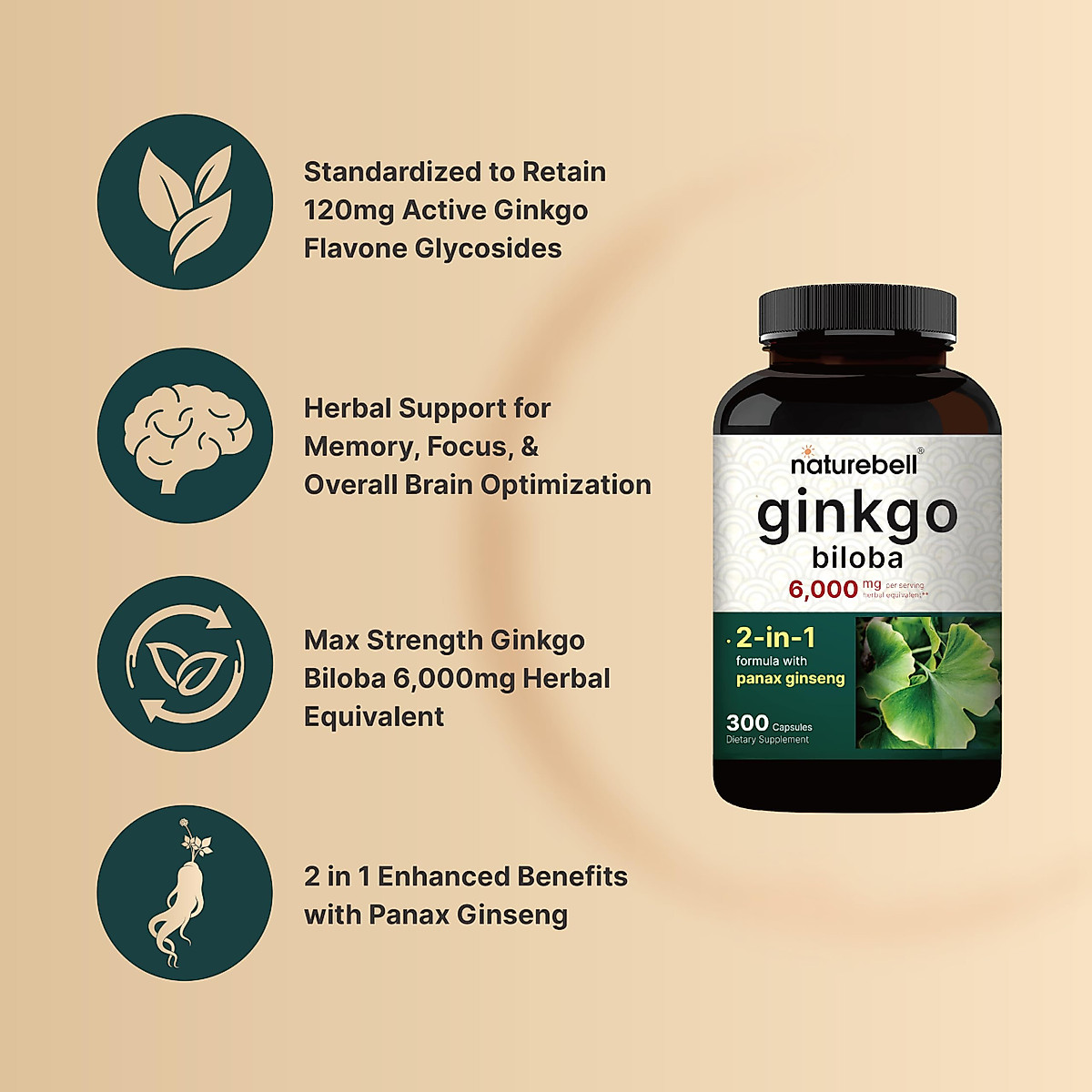 NatureBell Ginkgo Biloba 6,000mg with Panax Ginseng 500mg Per Serving | 300 Capsules – Max Strength Ginko Biloba Extract Supplements - Promotes Memory, Focus, and Brain Health