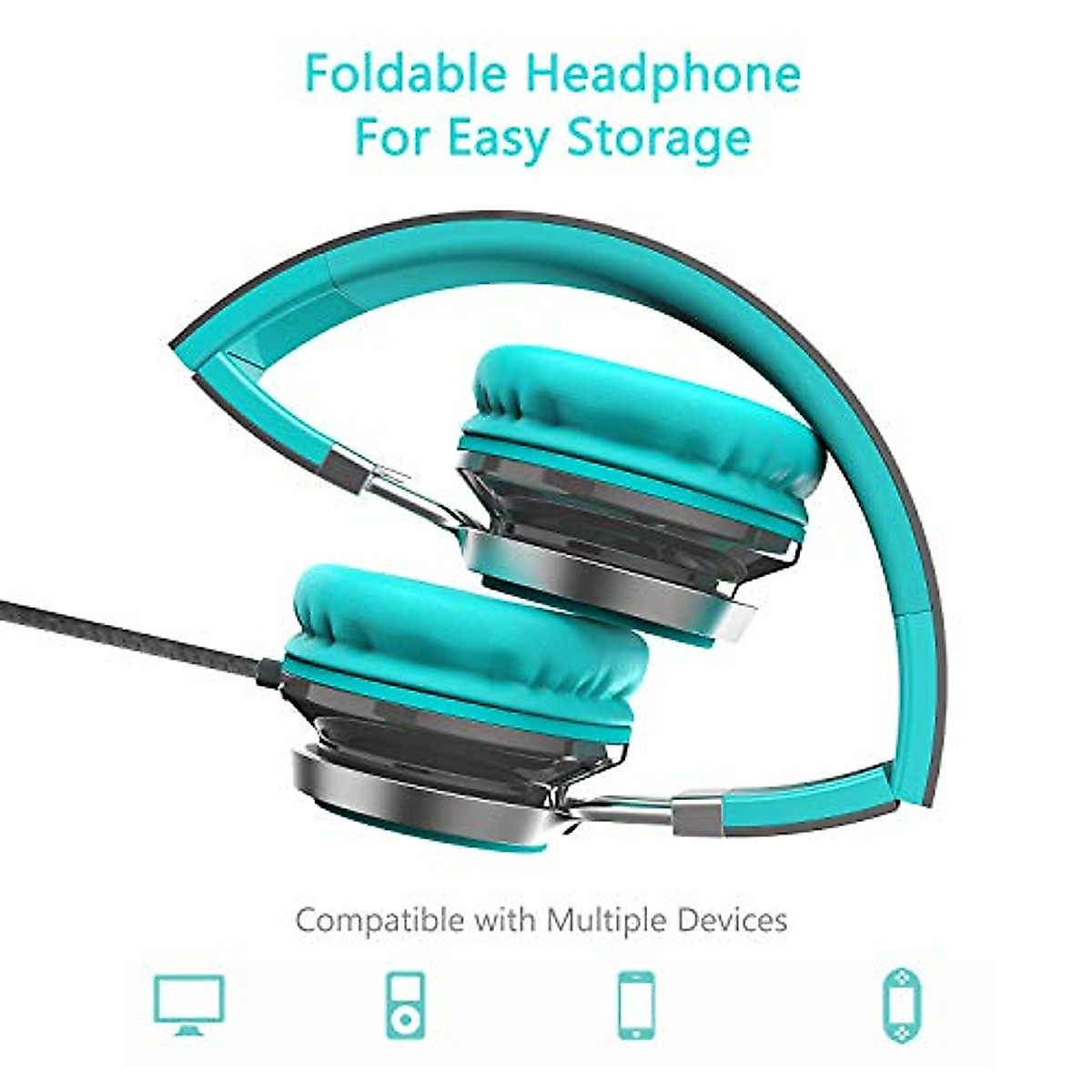 ELECDER i39 Headphones with Microphone Foldable Lightweight Adjustable On Ear Headsets with 3.5mm Jack for Cellphones Computer MP3/4 Kindle School (Mint/Gray)