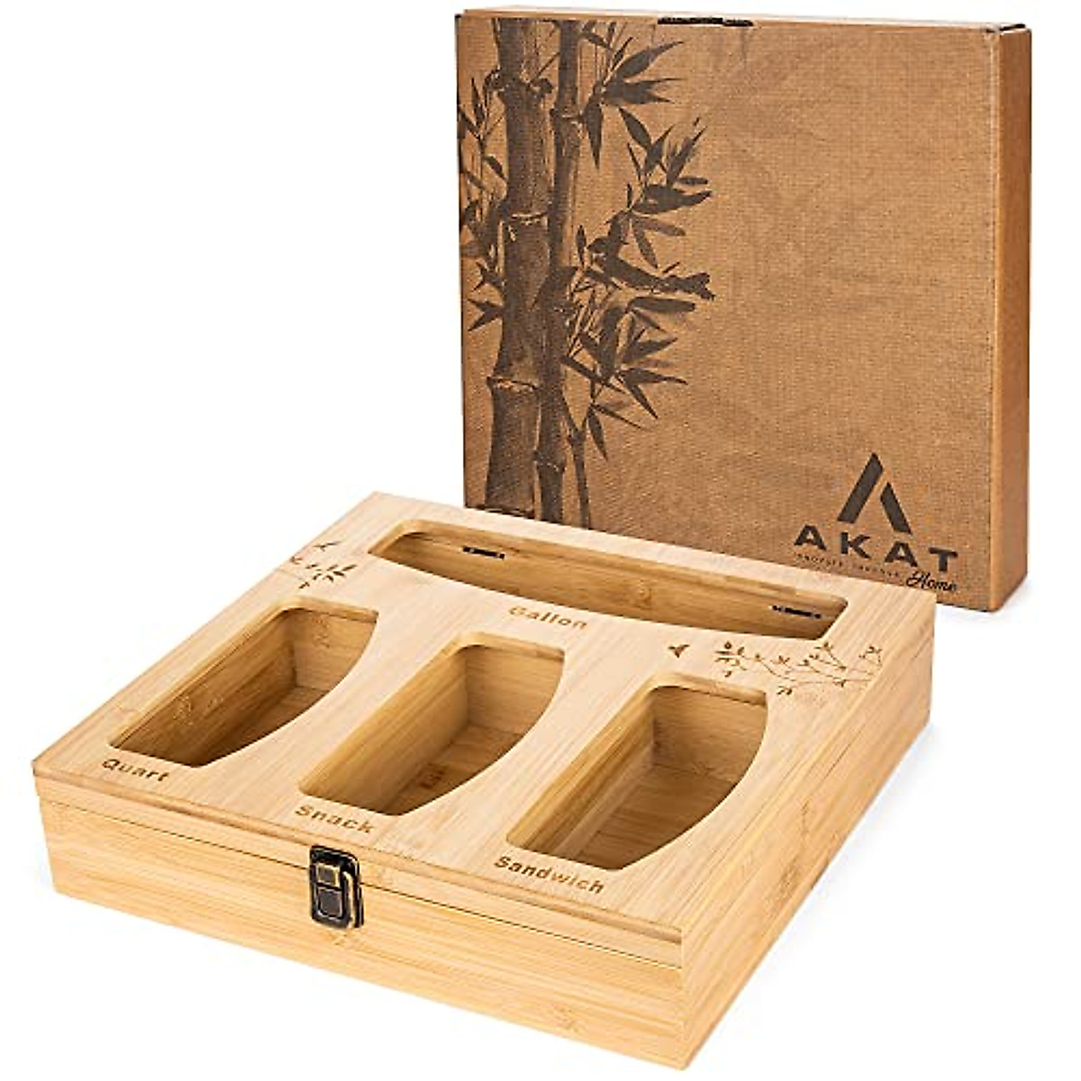 AKAT HOME Bamboo Ziplock Bag Storage Organizer & Baggie Dispenser for Kitchen Drawer – Wooden Zip Lock Container Holder Wall Gallon,Sandwich,Snack,Quart (Flip, Engraved, - M1)