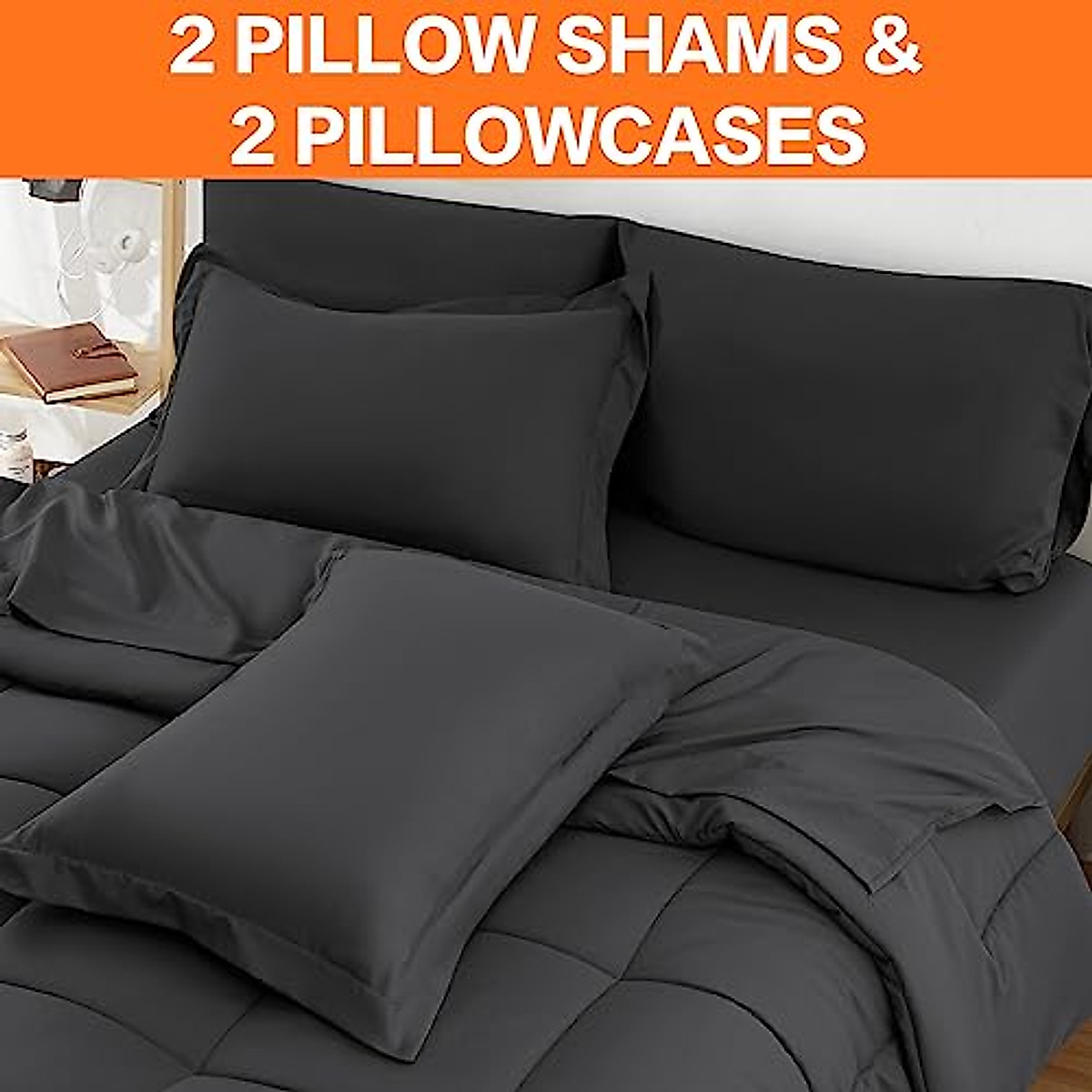 PATSBA Queen Size Comforter Set -7 Pieces All Season Bed in a Bag - Ultra Soft Down Alternative Bedding Sets with Comforter, Flat Sheet, Fitted Sheet, 2 Pillowcases & 2 Pillow Shams (Dark Gray)