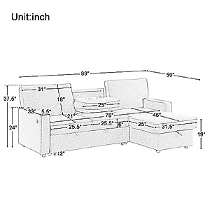 LUMISOL 89" Convertible Pull Out Sleeper Sofa Bed, L-Shaped Sectional Sofa with Reversible Storage Chaise, Reversible Sofa Couch with Cup Holders and USB Ports for Living Room, Small Apartment