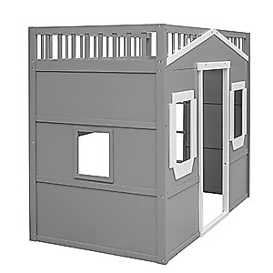 BOVZA Twin Size Wood House Loft Bed with Ladder, Kids Playhouse Bed with Window for Girls Boys, Gray+White