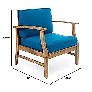 Christopher Knight Home Perla Outdoor Acacia Wood Club Chairs with Water Resistant Cushions, 2-Pcs Set, Teak Finish / Blue