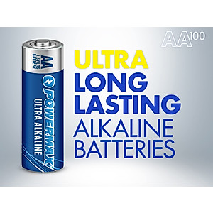Powermax 100-Count AA Batteries, Ultra Long Lasting Alkaline Battery, 10-Year Shelf Life, Reclosable Packaging