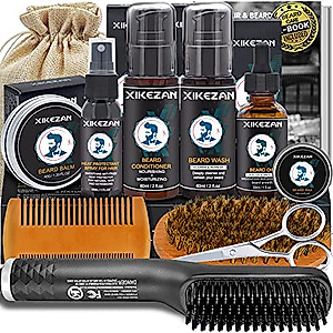 Beard Straightener Kit,Beard Growth Grooming Kit w/Beard Straightener,Heat Protectant Spray,Beard Wash Shampoo,Conditioner,Oil,Balm,Wax,Comb,Brush,Scissor,Bag,E-Book,Gifts for Men Him Dad