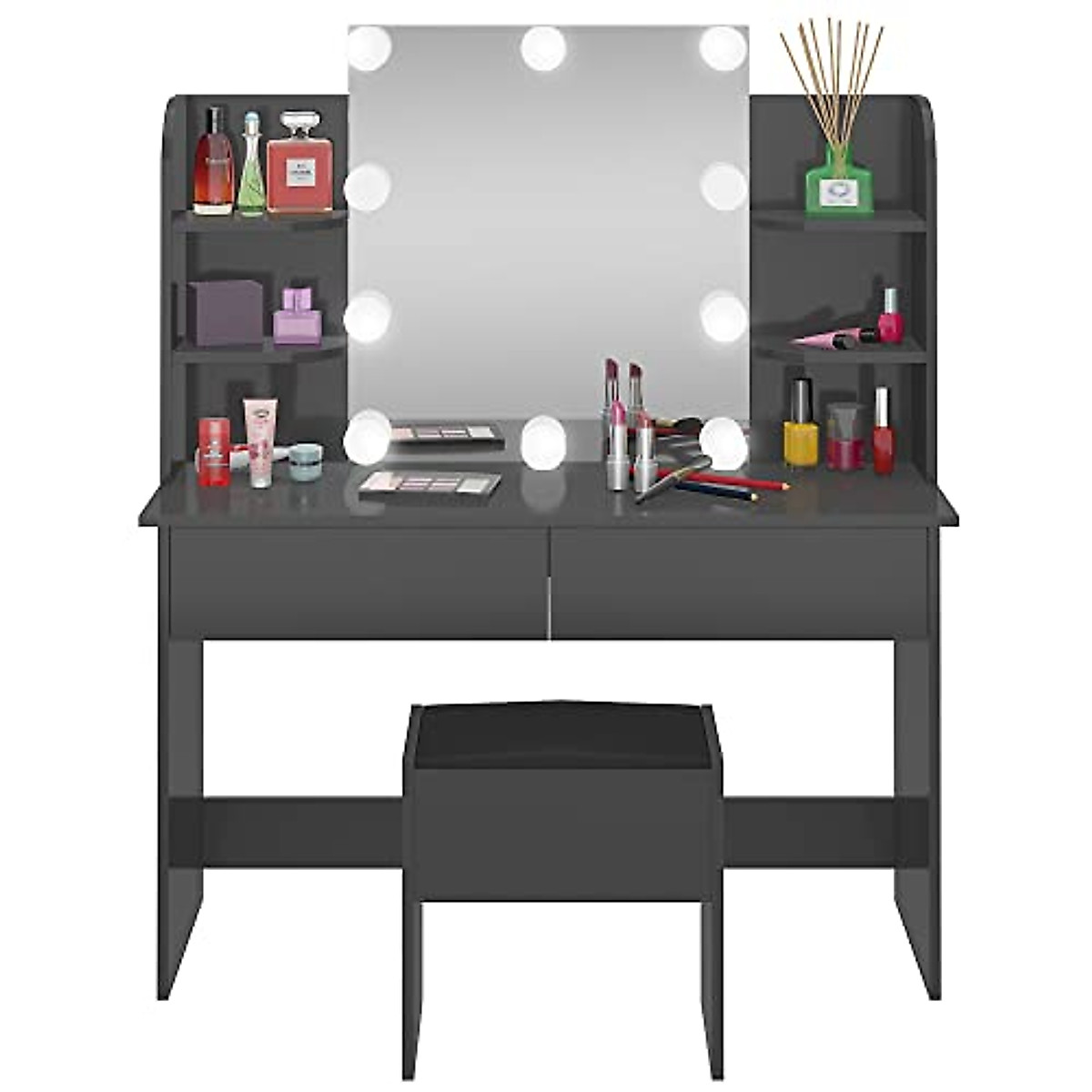 AVZEAR Vanity Set with LED Lighted Mirror, Large Vanity Dressing Table with Cushioned Stool Makeup Vanity Mirror with Lights, Black