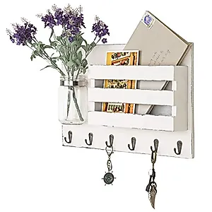 MyGift Vintage White Wood Key and Mail Holder for Wall Rack with 6 Hooks and Decorative Mason Jar Vase