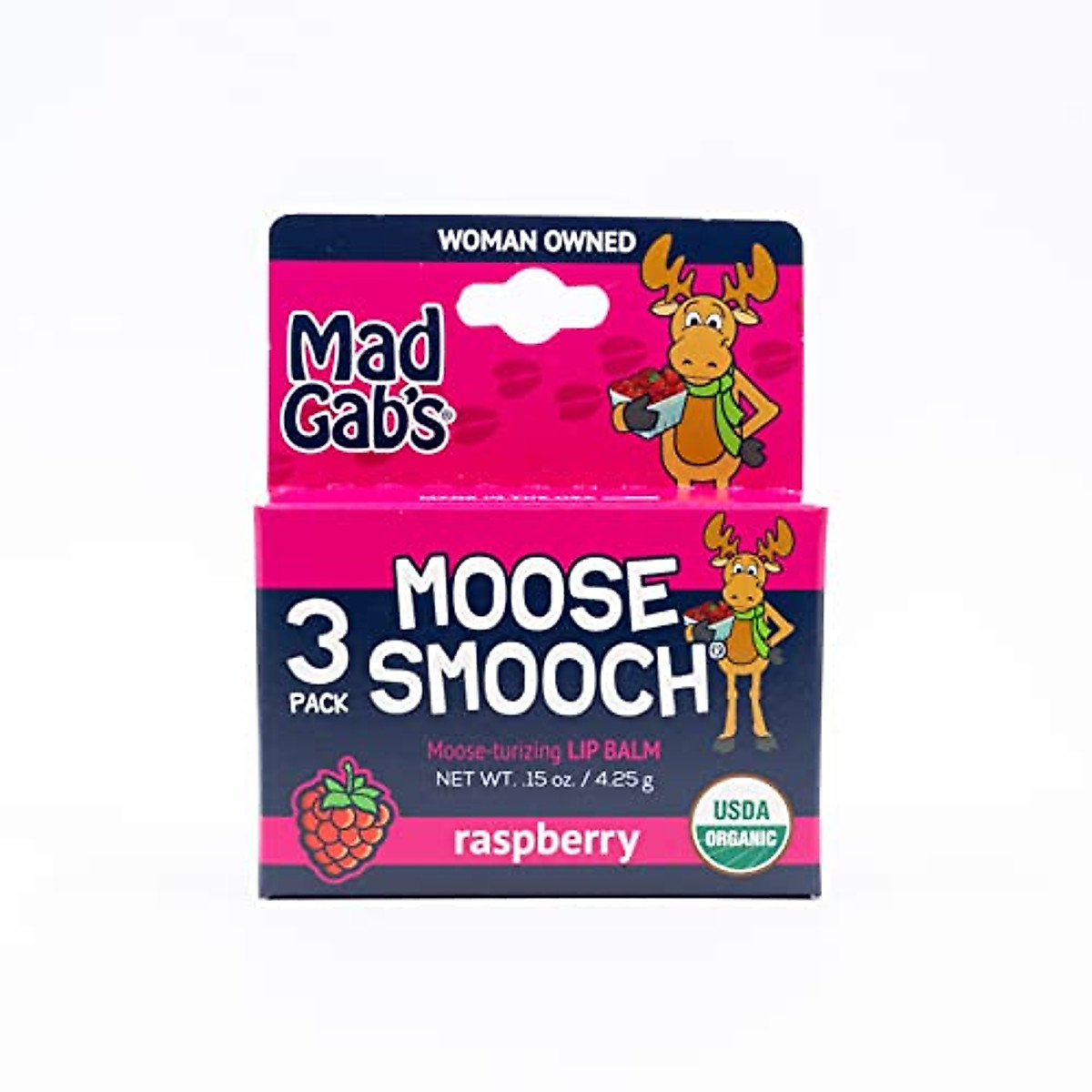 Mad Gab's Moose Smooch Raspberry Lip Balm, Mother's Day Gift, Moisturizing and Certified Organic, Made with Organic Olive Oil and Beeswax, 3 pack Gift Set
